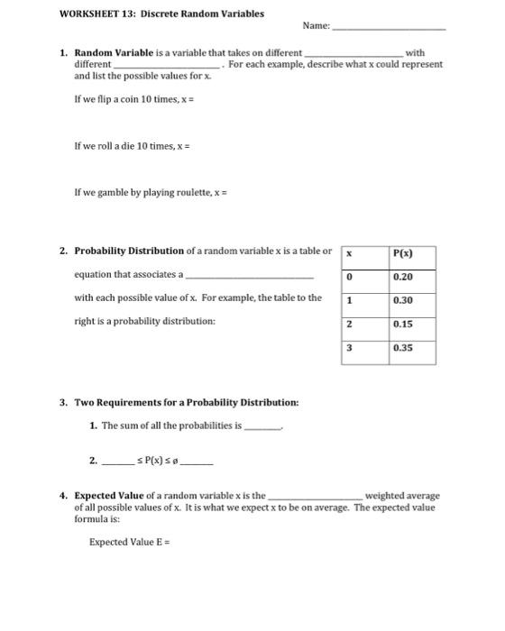 Solved Name: 1. Random Variable is a variable that takes on | Chegg.com