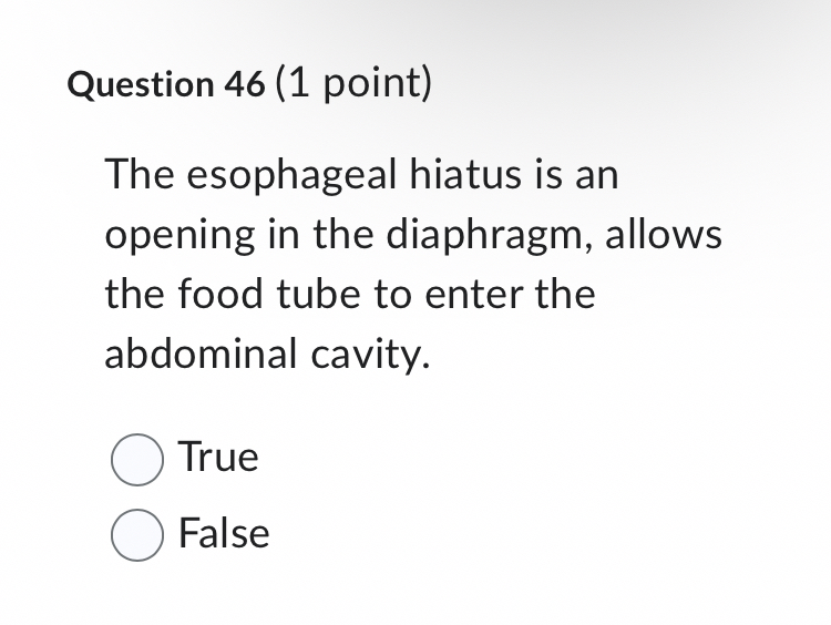 Solved Question 46 (1 ﻿point)The esophageal hiatus is an | Chegg.com