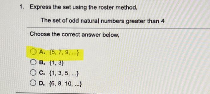 Solved 1. Express the set using the roster method. The set | Chegg.com