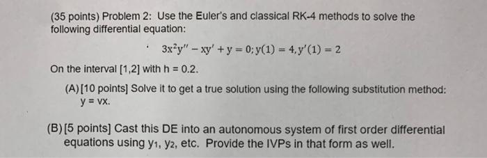 (35 points) Problem 2: Use the Euler's and classical | Chegg.com (35 points) Problem 2: Use the Euler's and classical | Chegg.com