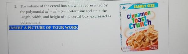 Solved FAMILY SIZE 1. The volume of the cereal box shown is | Chegg.com