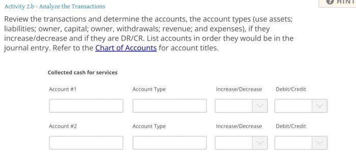 Solved Activity 2.b - Analyze the Transactions Review the | Chegg.com Solved Activity 2.b - Analyze the Transactions Review the | Chegg.com