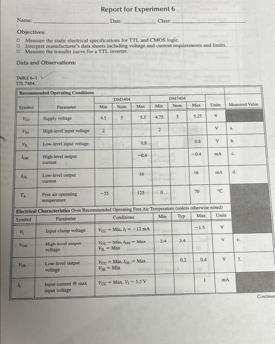 Experiment 6 Interpreting Manufacturer's Data Sheets | Chegg.com