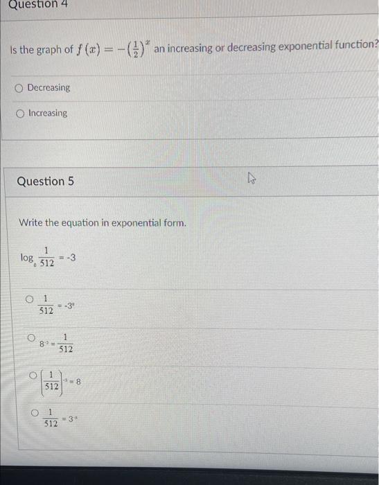 Solved Is the graph of f(x)=−(21)x an increasing or | Chegg.com