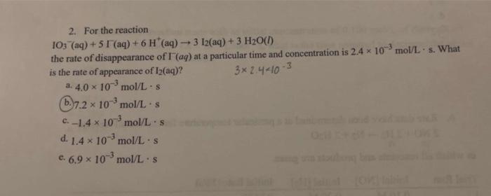 Solved 2. For the reaction IO3(aq)+5 | Chegg.com