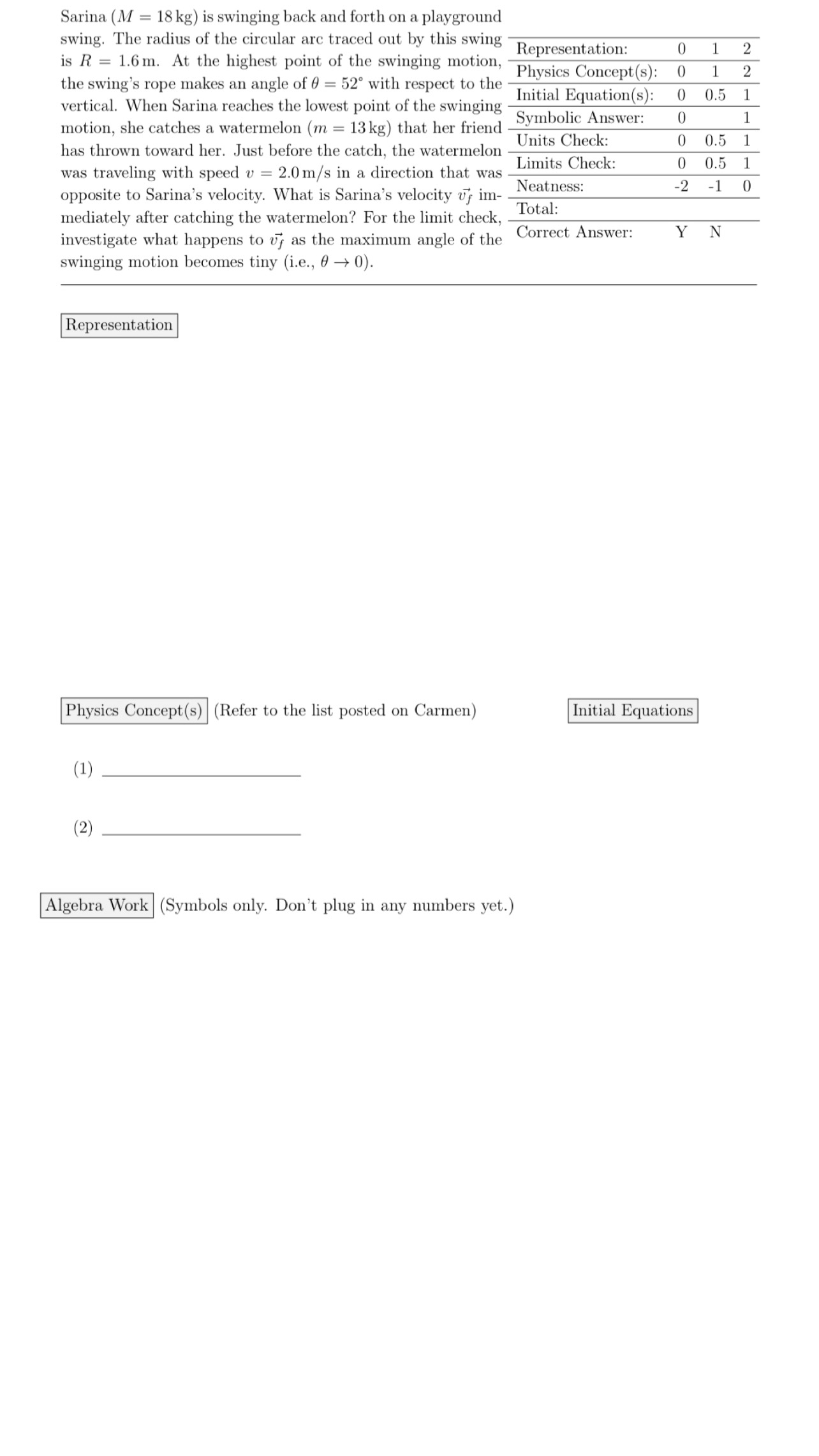 Solved Sarina (M=18kg) ﻿is swinging back and forth on a | Chegg.com