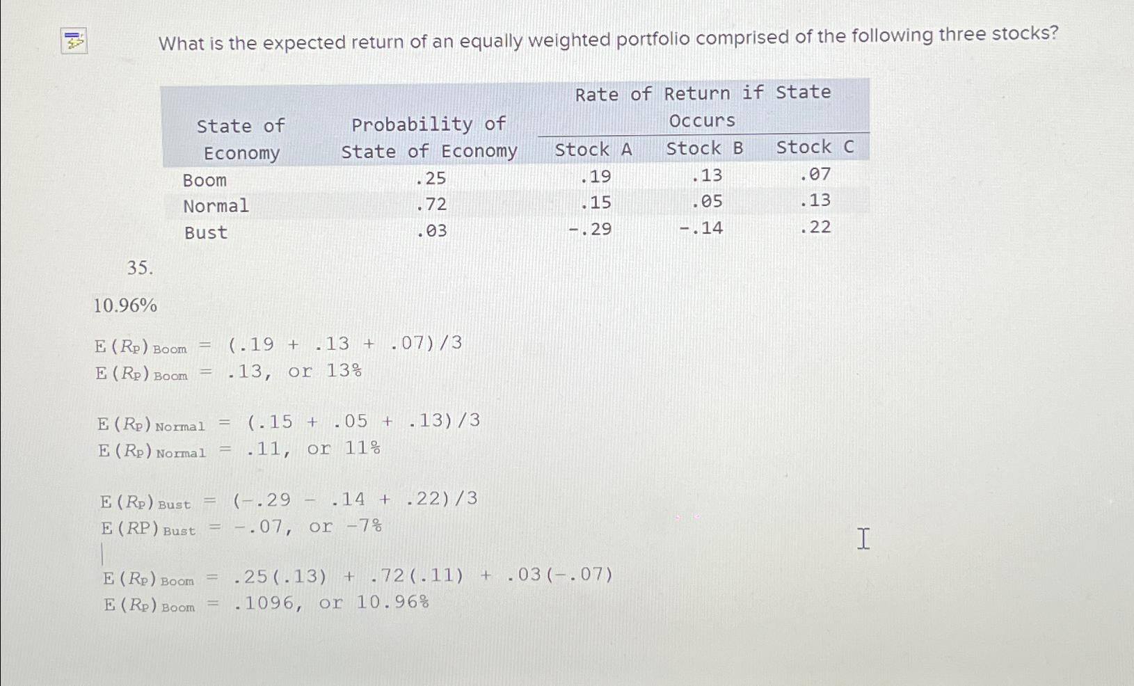 Solved What is the expected return of an equally weighted | Chegg.com