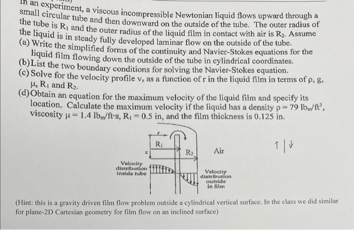 Solved sman experiment, a viscous incompressible Newtonian | Chegg.com