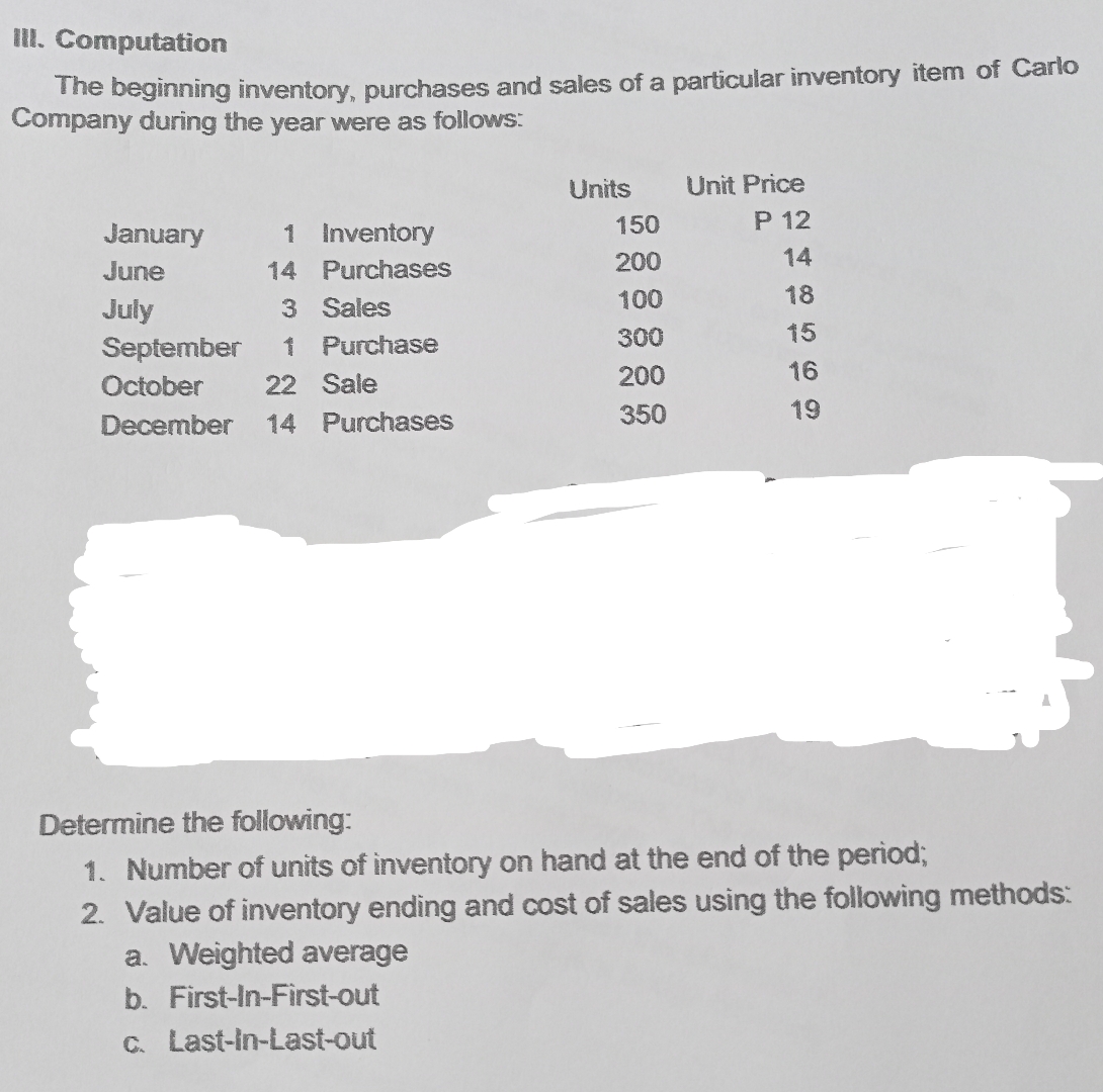 Solved III. ComputationThe beginning inventory, purchases | Chegg.com