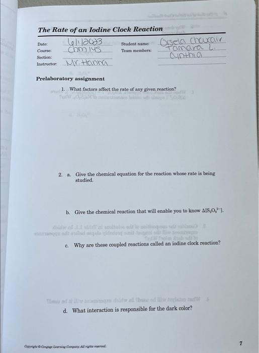 Solved The Rate of an Iodine Clock Reaction Prelaboratory | Chegg.com