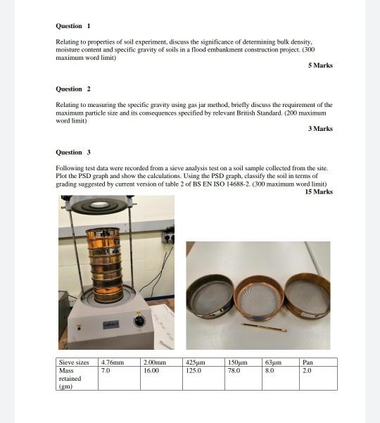 Solved Question 1 Relating to properties of soil experiment, | Chegg.com