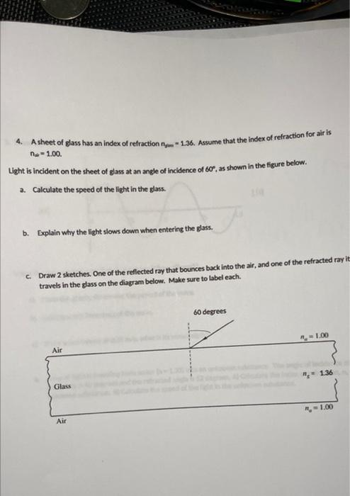 Solved 4. A sheet of glass has an index of refraction | Chegg.com