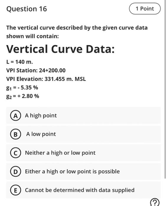 Solved The vertical curve described by the given curve data | Chegg.com