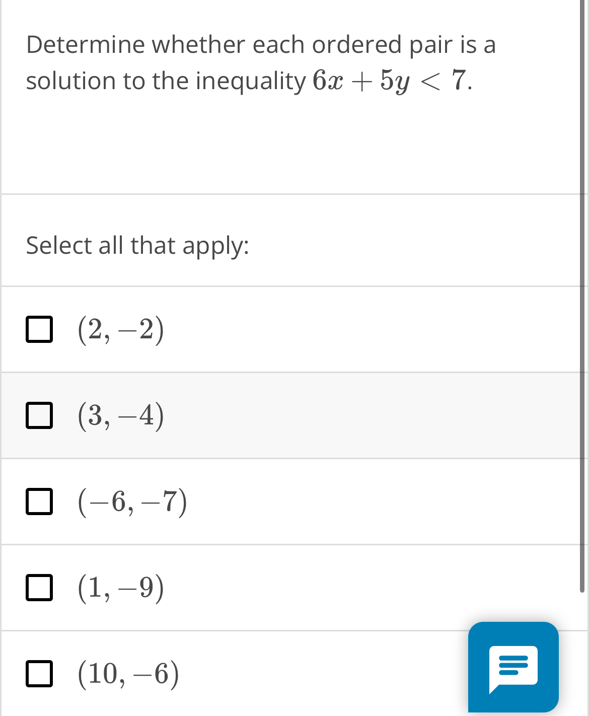 Solved Determine whether each ordered pair is asolution to | Chegg.com