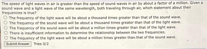 Solved The speed of light waves in air is greater than the | Chegg.com