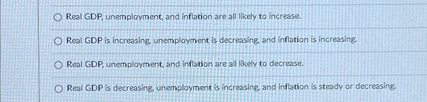 Solved Real GDP, ﻿unemployment, and ínflation are all likely | Chegg.com