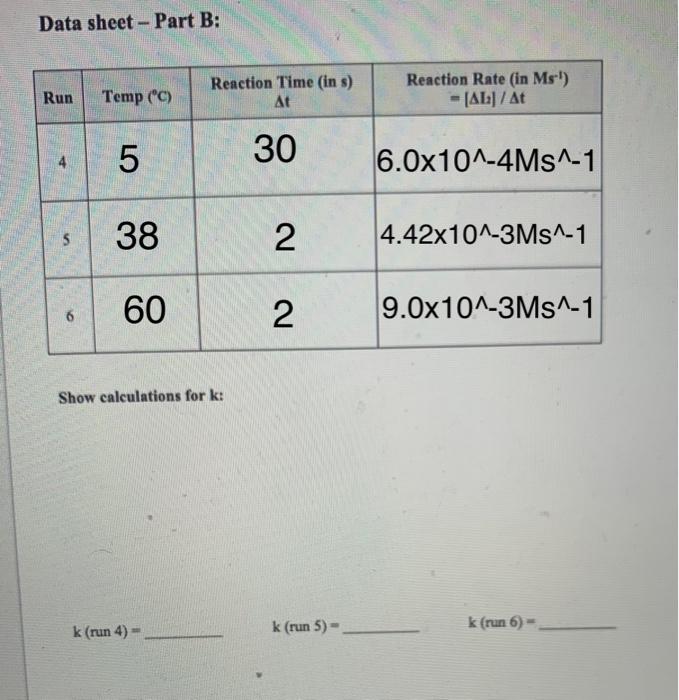 Solved Data sheet-Part B: Show calculations for k : k(ran4)= | Chegg.com