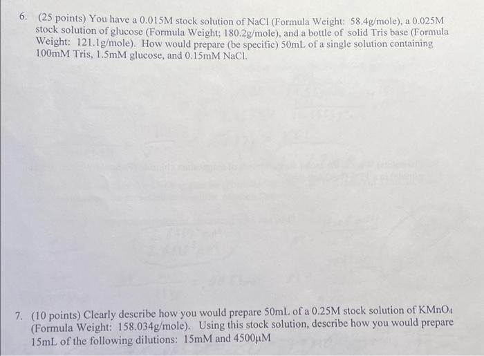 Solved 6. (25 points) You have a 0.015M stock solution of | Chegg.com