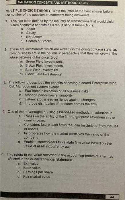 [Solved]: VALUATION CONCEPTS AND METHODOLOGIES MULTIPLE CHO