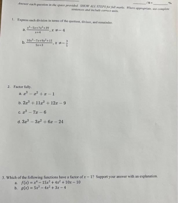 Solved Answer each question in the space provided. SHOW ALL. | Chegg.com