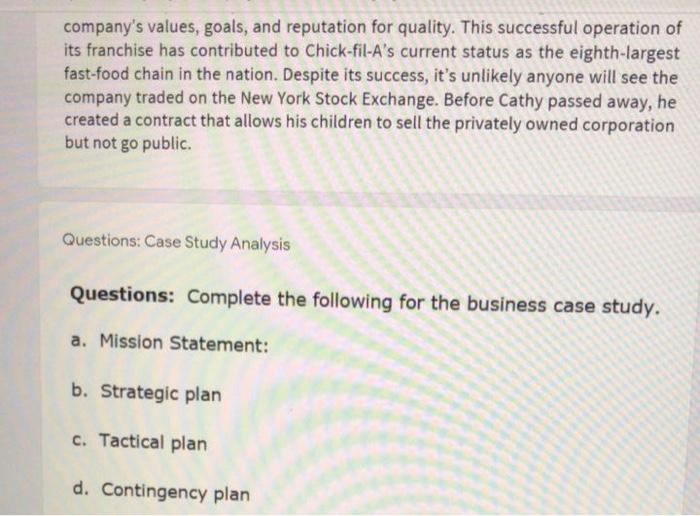 Solved Case Study Analysis [10 Marks] Chick-fil-A Earns | Chegg.com