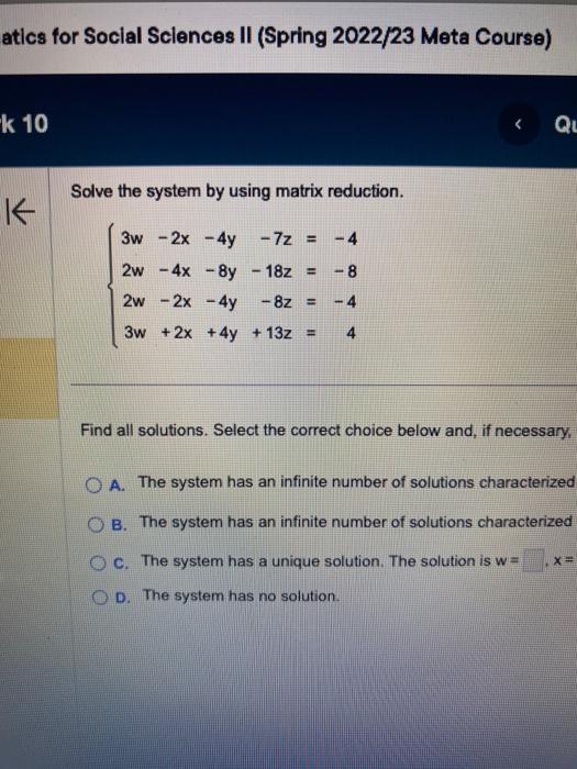 Solved Solve the system by using matrix reduction. | Chegg.com