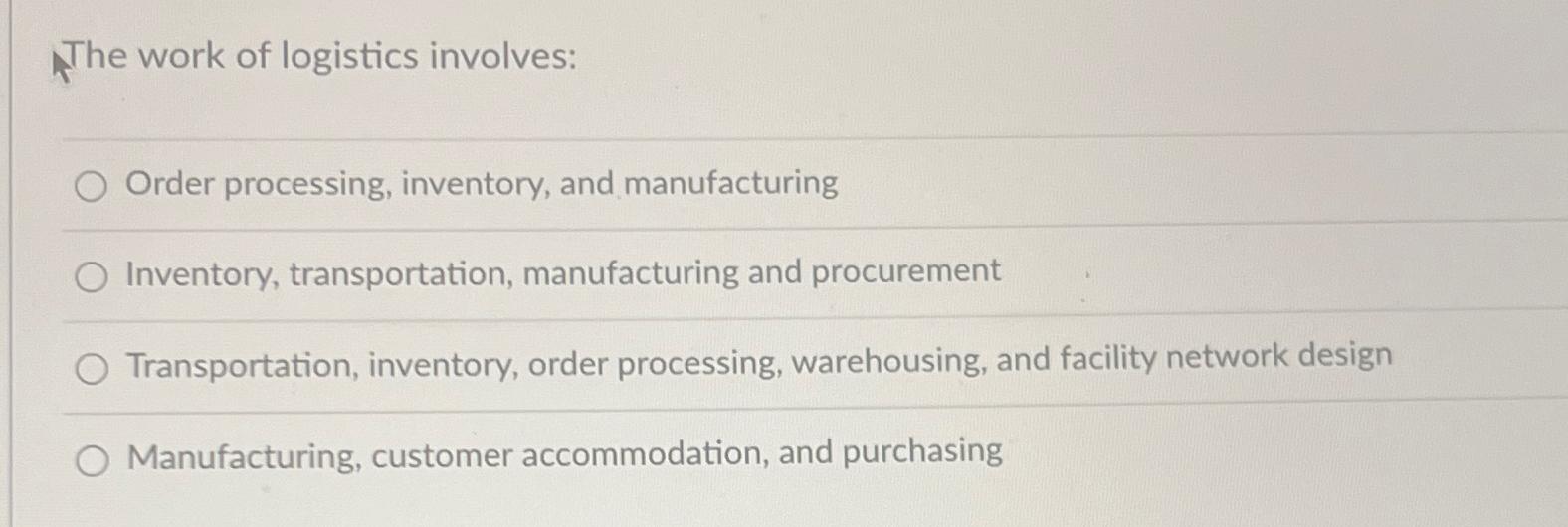 Solved The work of logistics involves:Order processing, | Chegg.com