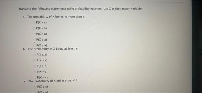 Solved Translate the following statements using probability | Chegg.com