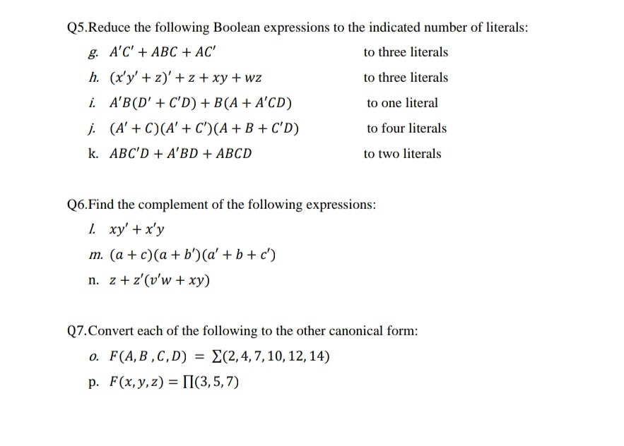 Solved Q5reduce The Following Boolean Expressions To The 