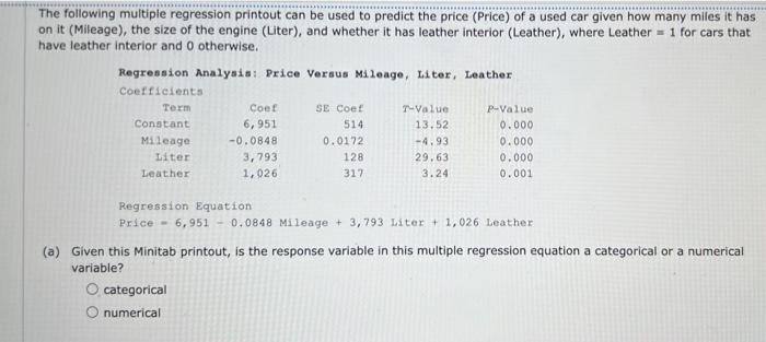 Solved The following multiple regression printout can be | Chegg.com