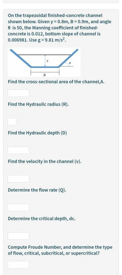 Solved On the trapezoidal finished-concrete channel shown | Chegg.com