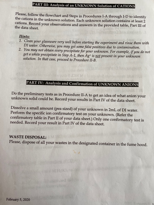 Solved PART III: CATION UNKNOWN SOLUTION Cation unknown # NS | Chegg.com