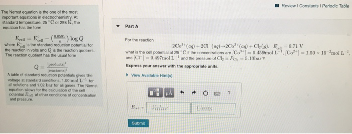 Solved Review Constants 1 Periodic Table The Nernst equation | Chegg.com