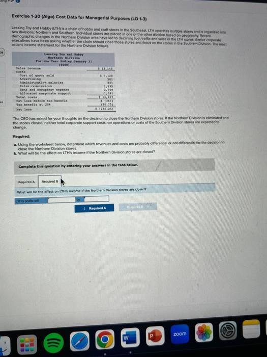 Exercise 1−30 (Algo) Cost Data for Manageriat | Chegg.com