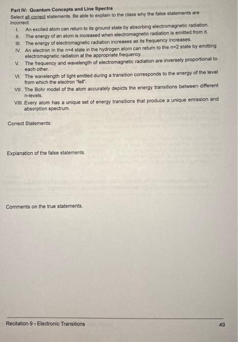 Solved Part IV: Quantum Concepto and Line Spectra Select al | Chegg.com