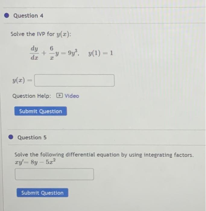 Solved Solve the IVP for y(x) : dxdy+x6y=9y3,y(1)=1 y(x)= | Chegg.com