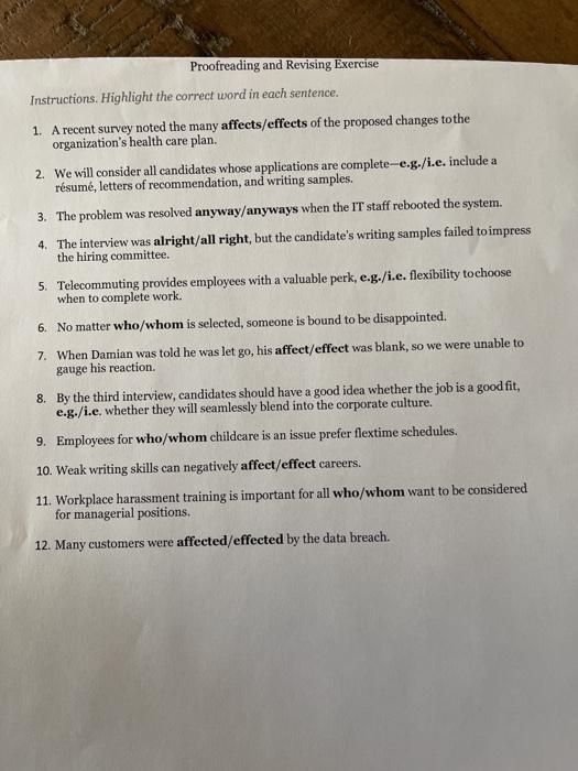 Solved Proofreading and Revising Exercise Instructions. | Chegg.com