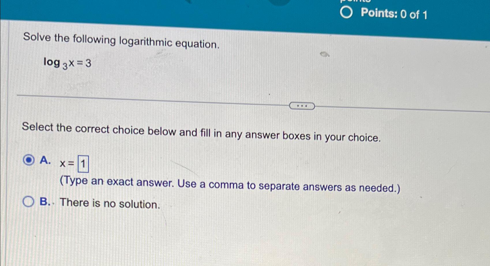 Solved Points: 0 ﻿of 1Solve the following logarithmic | Chegg.com