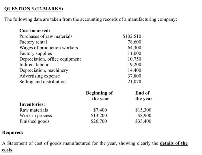 Solved QUESTION 3 (12 MARKS) The following data are taken | Chegg.com