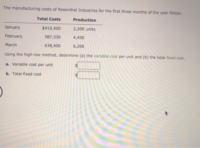 Solved The manufacturing costs of Rosenthal Industries for | Chegg.com