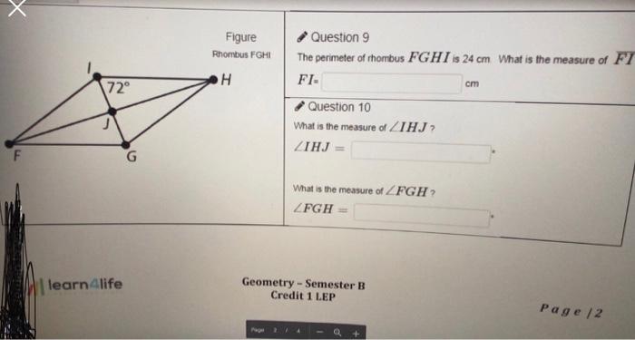 Solved Figure Rhombus FGHI Question 9 The perimeter of | Chegg.com