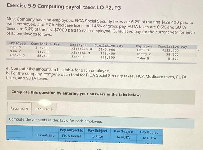 Solved Exercise 9.9 Computing payroll taxes LO P2, P3 Mest | Chegg.com