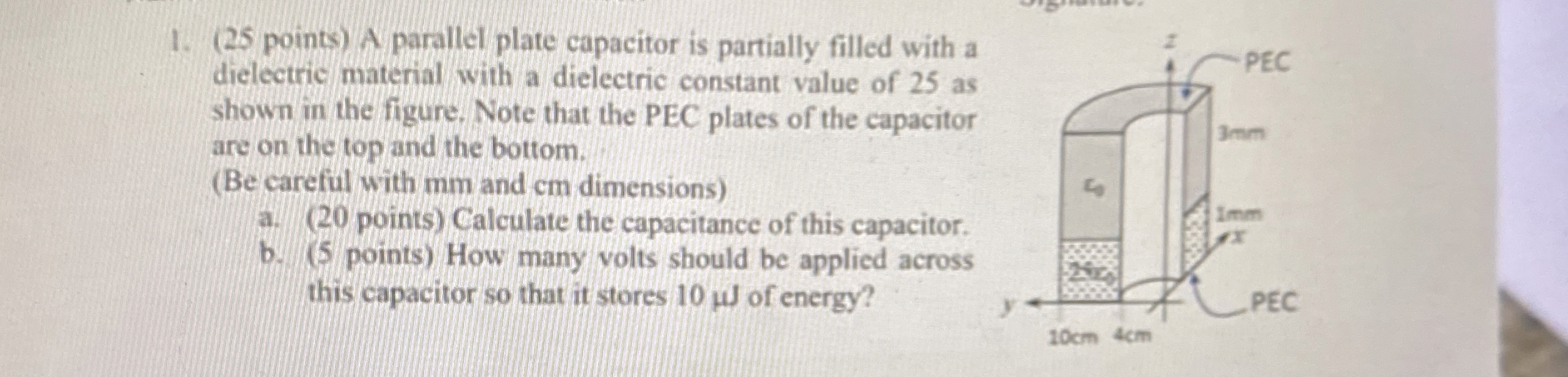 Solved (25 ﻿points) ﻿A parallel plate capacitor is partially | Chegg.com