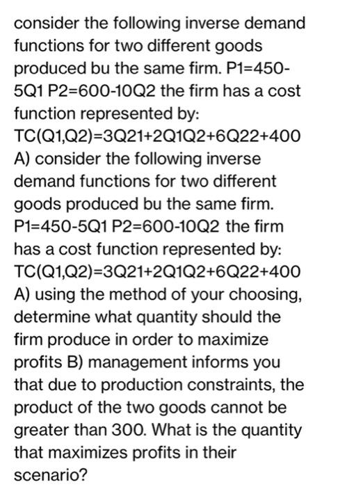 Solved consider the following inverse demand functions for | Chegg.com
