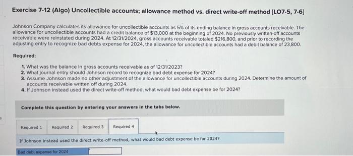 Solved Exercise 7-12 (Algo) Uncollectible accounts; | Chegg.com