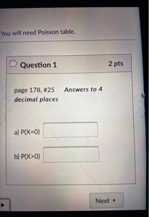 Solved You will need Poisson table. Question 1 2 pts page | Chegg.com