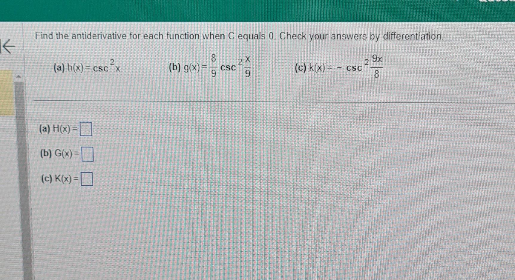 Solved Find the antiderivative for each function when C | Chegg.com