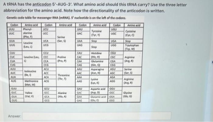 Solved A tRNA has the anticodon 5'-AUG-3'. What amino acid | Chegg.com