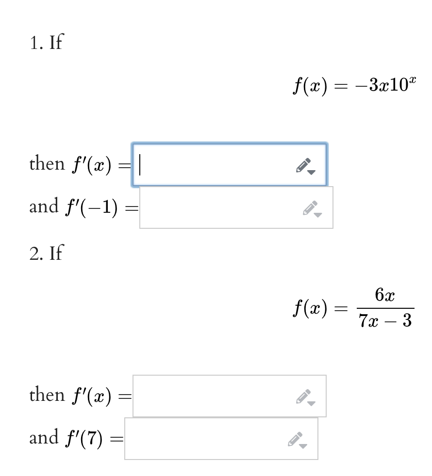 Solved Iff(x)=-3x10xthen f'(x)=and f'(-1)= | Chegg.com