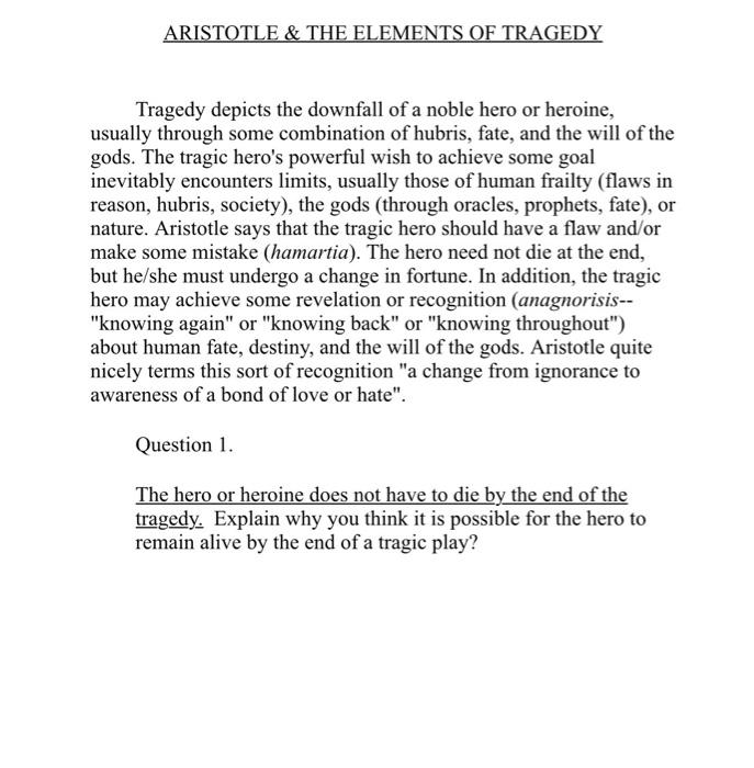 Solved ARISTOTLE & THE ELEMENTS OF TRAGEDY Tragedy depicts | Chegg.com